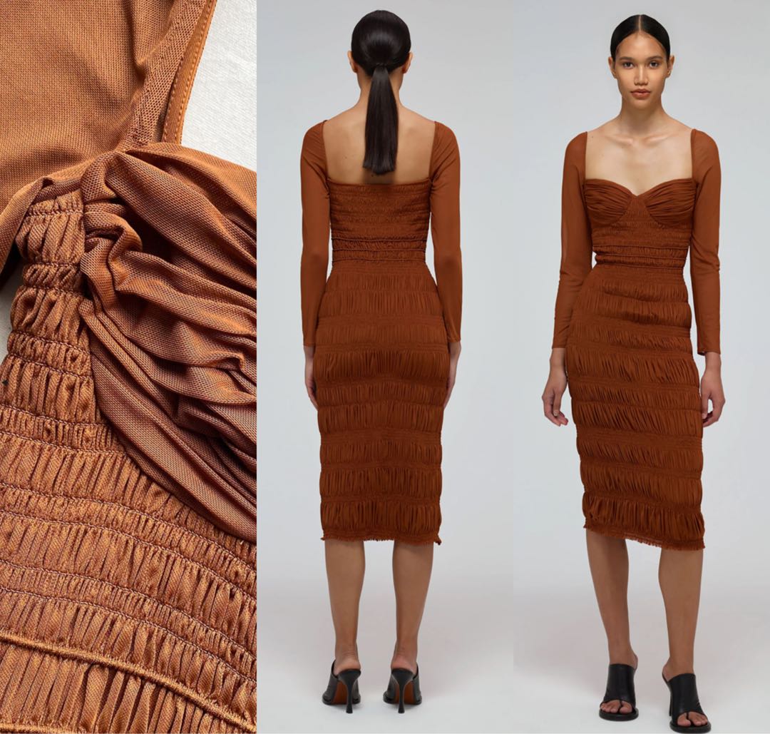 Self Portrait Caramel Shirred Midi Dress authentic, brown, Women's ...