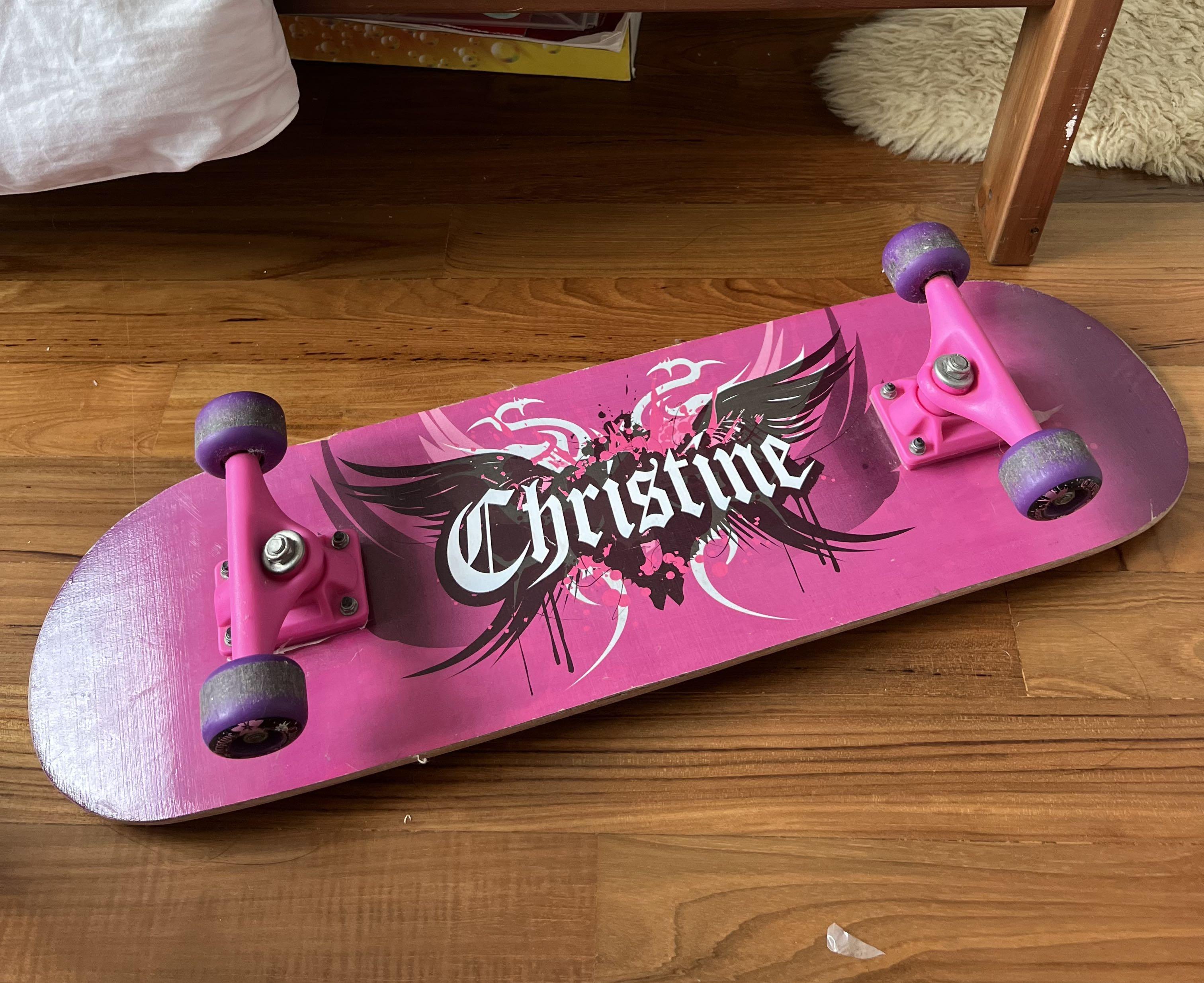 “Christine” pink and black skateboard with purple wheels, Sports ...