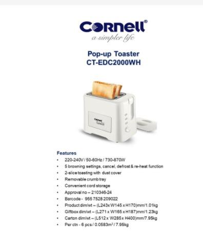 Cornell 2 Slice Pop Up Bread Toaster Sandwich Toaster 870W CT-EDC2000 ...