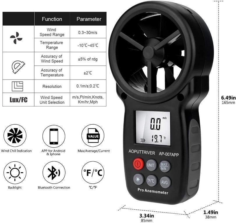 Digital Bluetooth Anemometer Handheld, AP-007-APP Wireless Anemometer ...