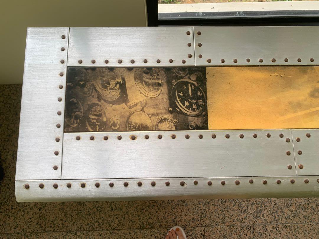 Fun airplane side table/console with rivets. Wooden legs, Furniture ...