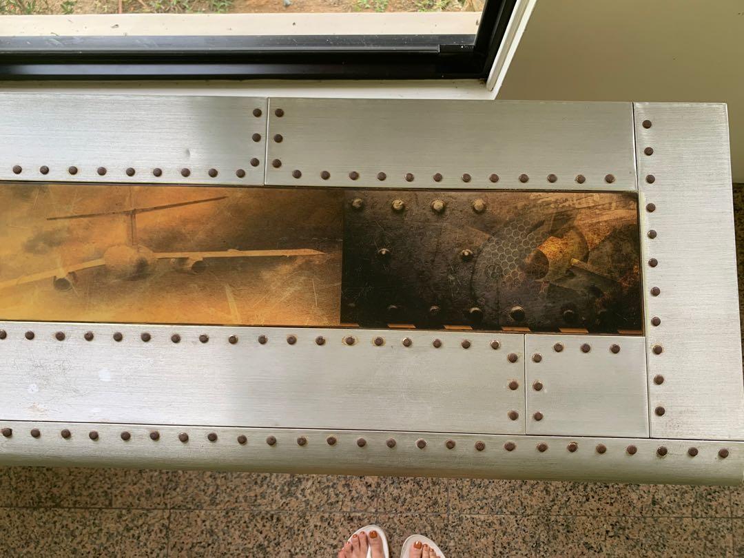Fun airplane side table/console with rivets. Wooden legs, Furniture ...