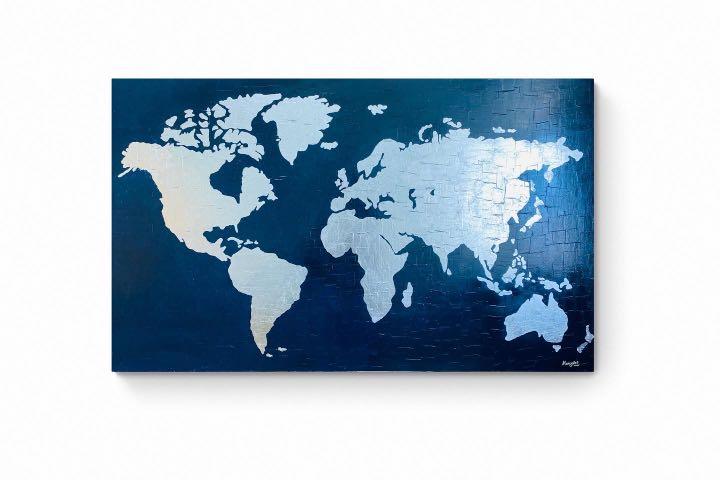 World map, silver leaf painting, large canvas, silver world map art ...