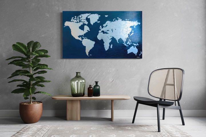 World map, silver leaf painting, large canvas, silver world map art ...