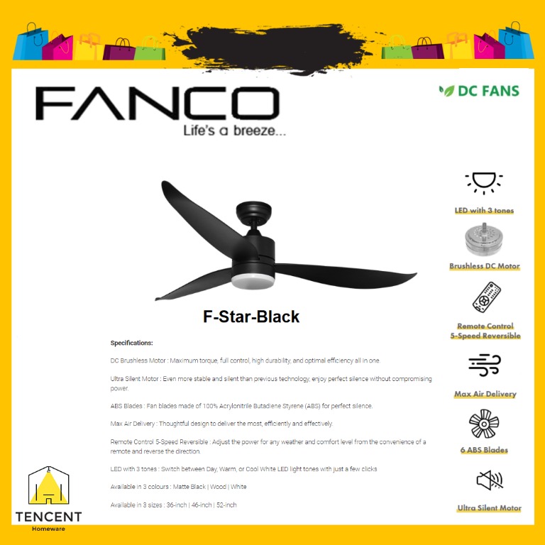 (FREE Delivery!!)Fanco F-STAR DC Ceiling Fan with LED 3 Colour and ...