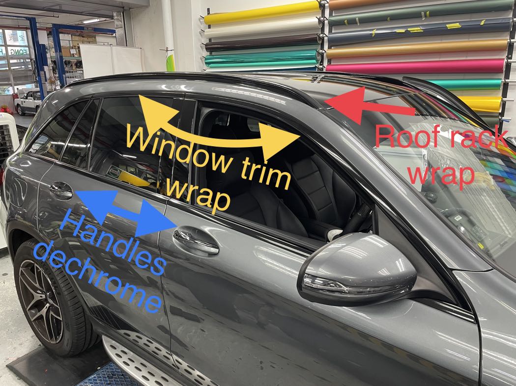 Mercedes GLB car gloss black window trim, handles, roof, roof rail ...