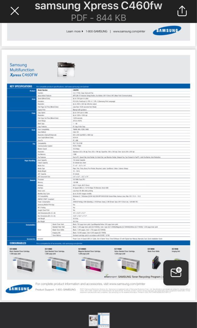 Samsung Xpress C460FW Color Laser MFP Wireless Printer, Computers ...