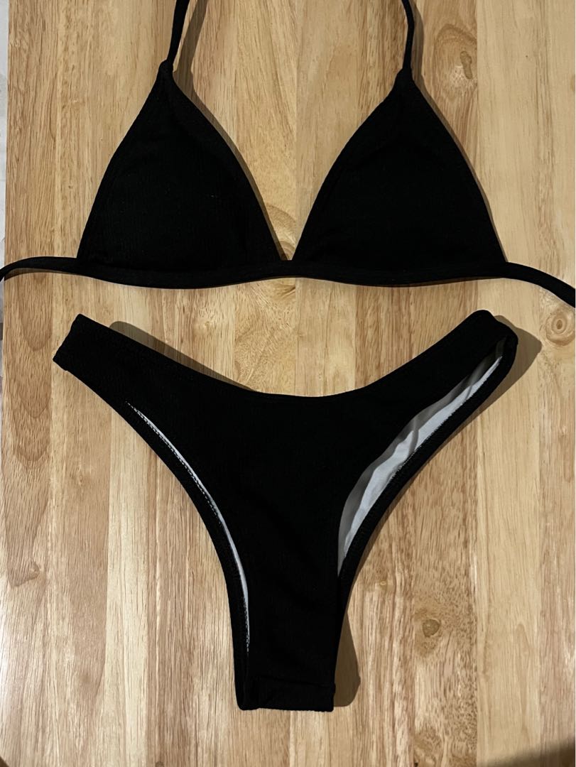 Black Ribbed Triangle Tie Bikini, Women's Fashion, Swimwear, Bikinis ...