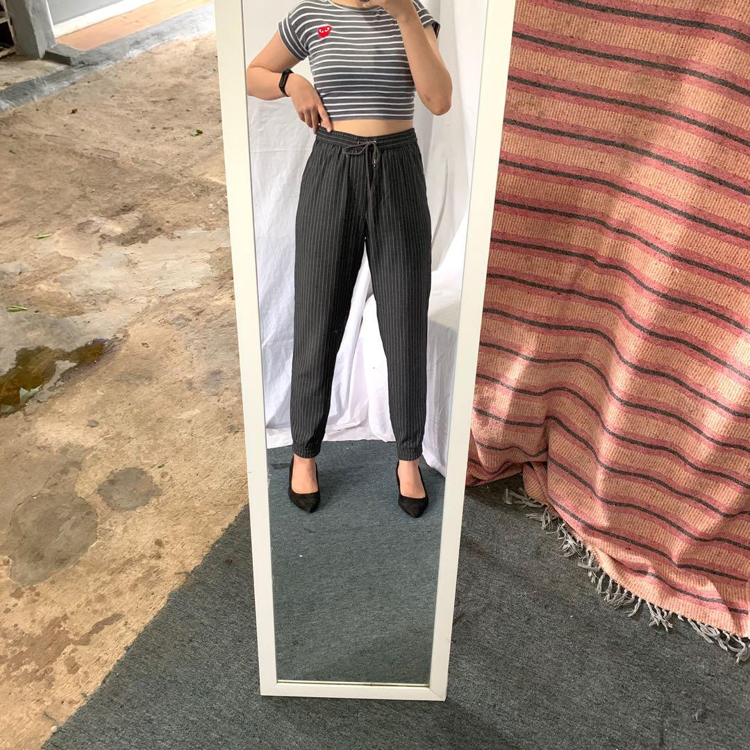 Celana Highwaist Abu Tua Garis Grey Garis Strip Stripes Korean Jogger ...
