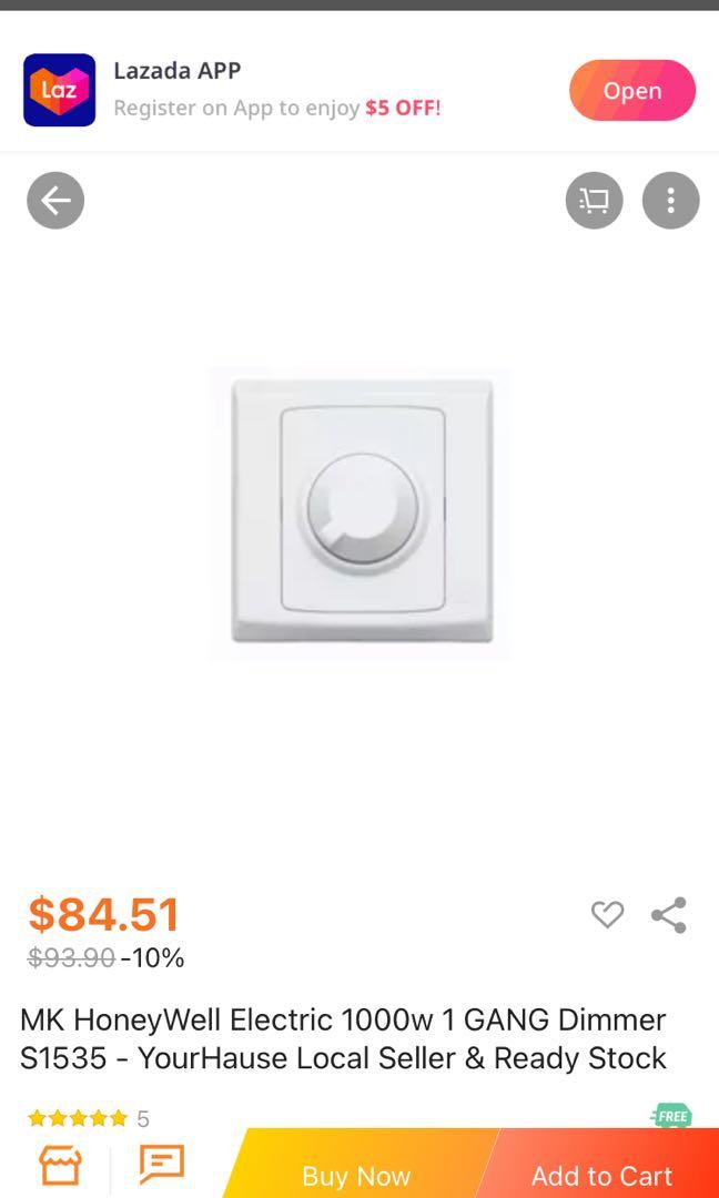 MK Electric 1000w 1 GANG Dimmer S1535, TV & Home Appliances, Electrical ...