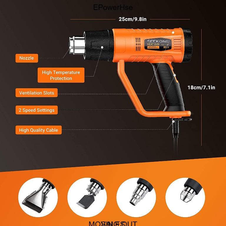 SHIFTINGOUT! SEEKONE Heat Gun 1800W Heavy Duty Fast Heat Hot Air Gun Kit with 752℉&1112℉ Dual ...