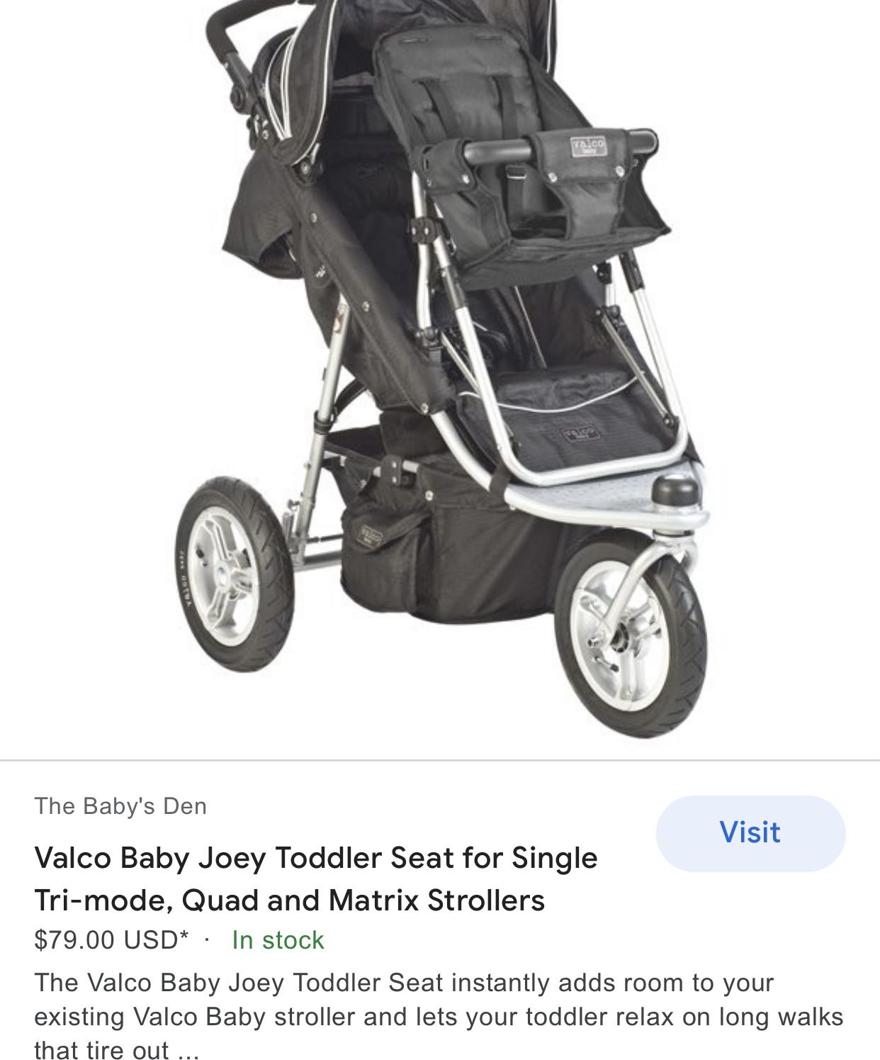 Valco Baby Runabout Joey Toddler Seat For Single Tri Mode Quad And ...