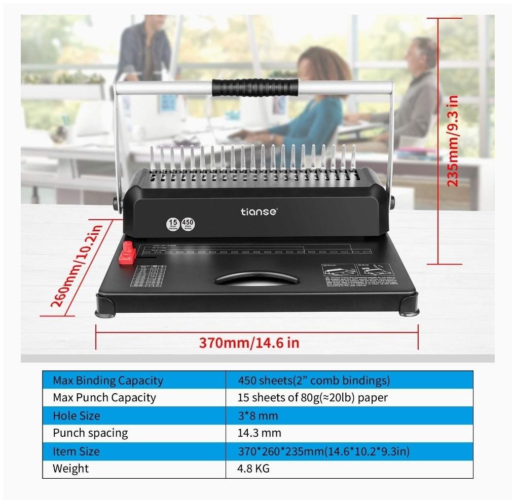 Binding Machine, TIANSE 21-Holes, 450 Sheets, Comb Binding Machine with 100 PCS 3/8'' Comb ...