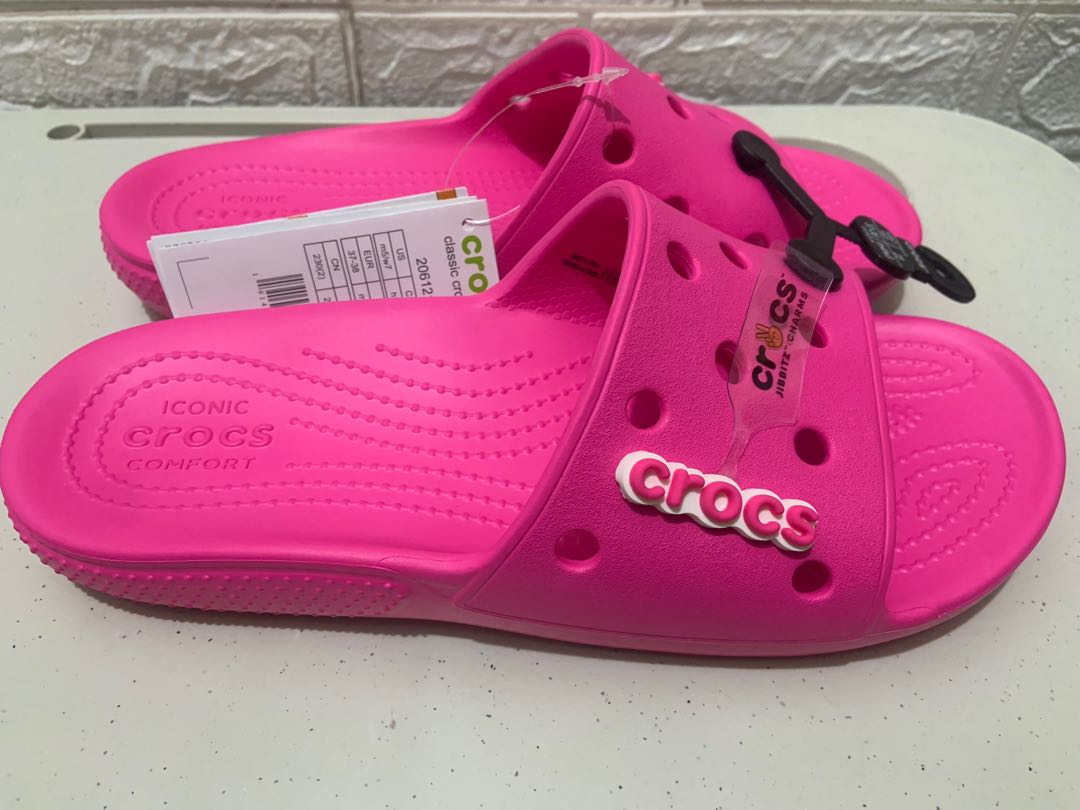 Crocs classic slide (electric pink), Women's Fashion, Footwear ...