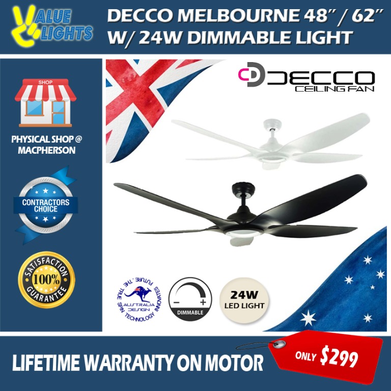 Decco Melbourne Ceiling Fan 48 inch 62 inch DC Motor with 24W Dimmable ...