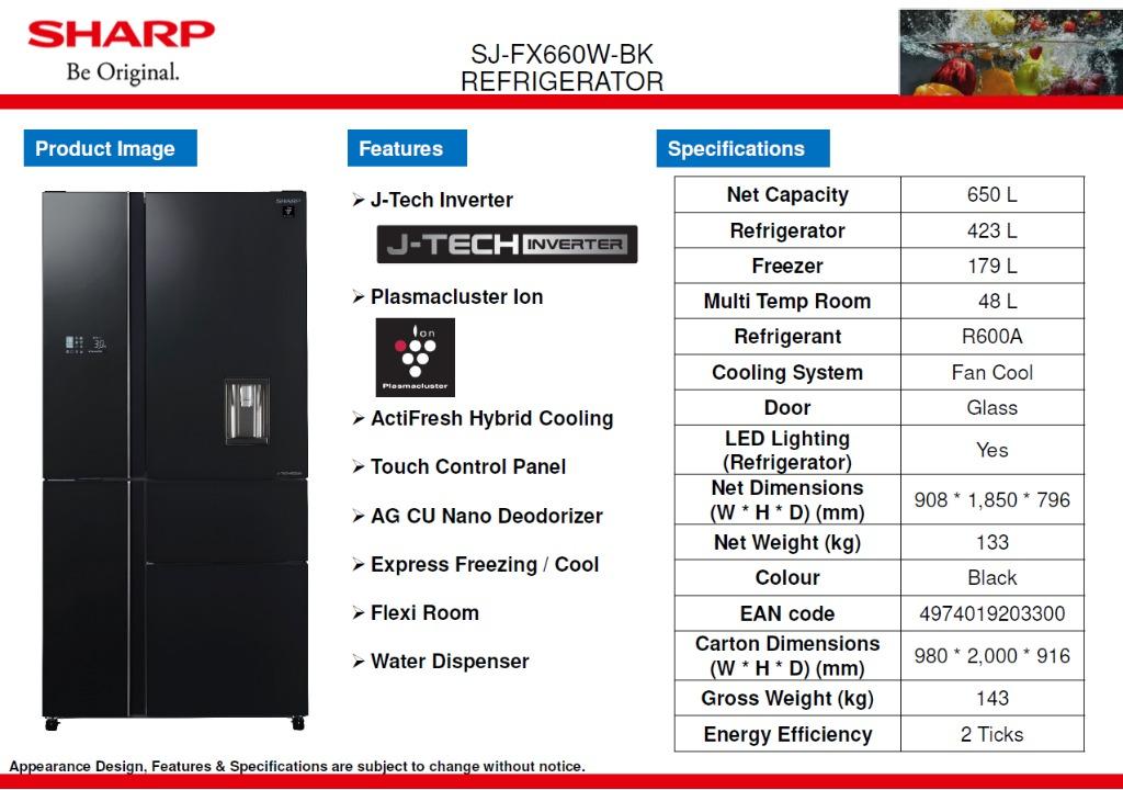 SHARP 650/660L MULTI-DOOR REFRIGERATOR [SJ-FX660W-BK/SJ-FX660W-CG/SJ ...