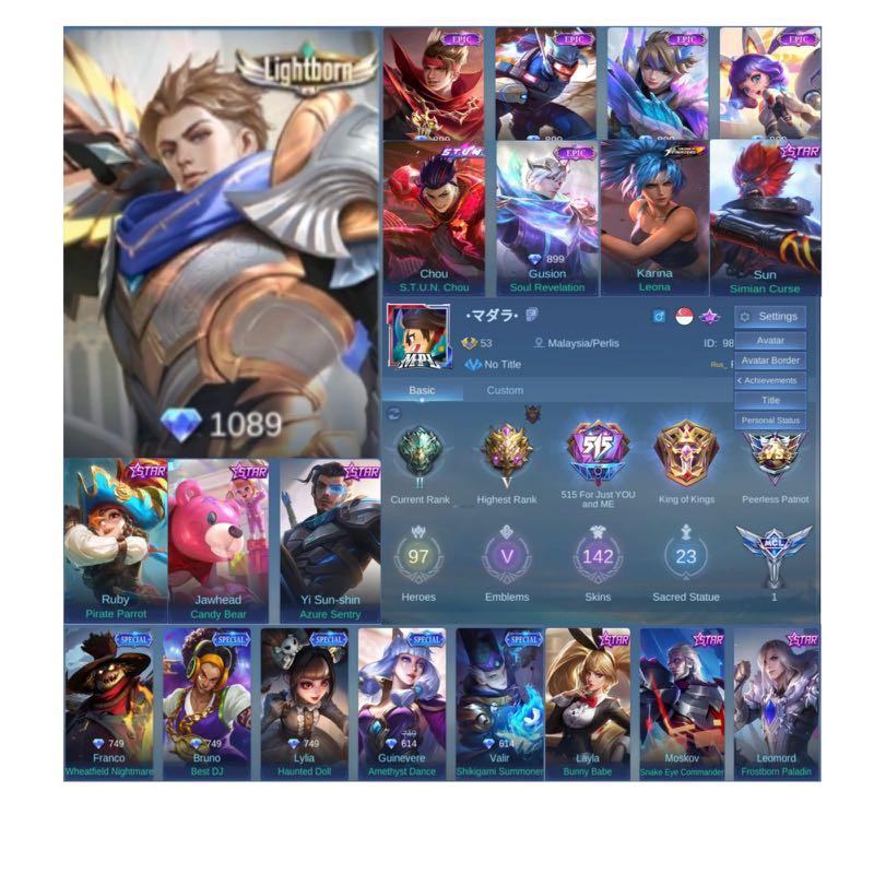 142 skins Mobile legend account #158 (97 HEROES, 142 SKINS, 5 MAXED ...
