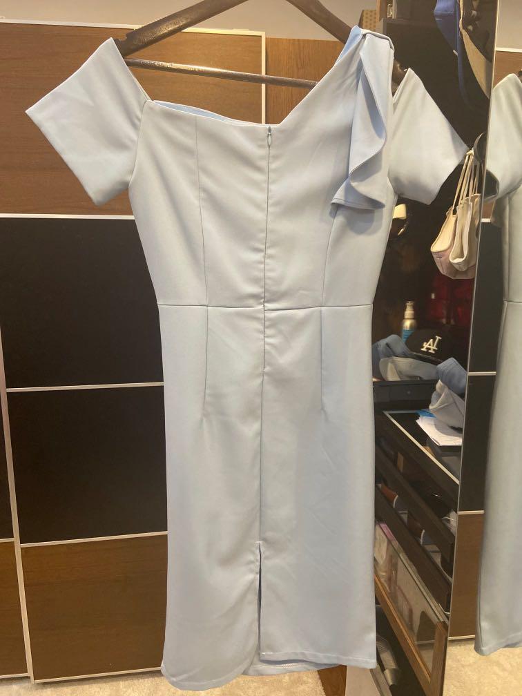 Baby powder blue toga off shoulder bodycon dress, Women's Fashion ...