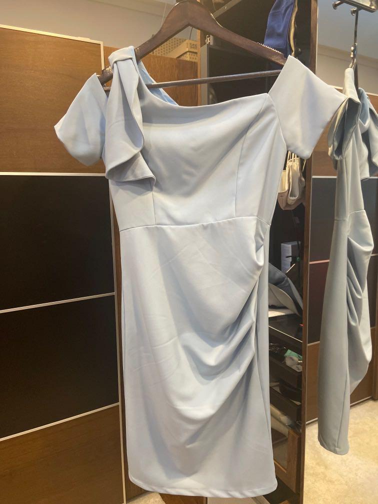 Baby powder blue toga off shoulder bodycon dress, Women's Fashion ...