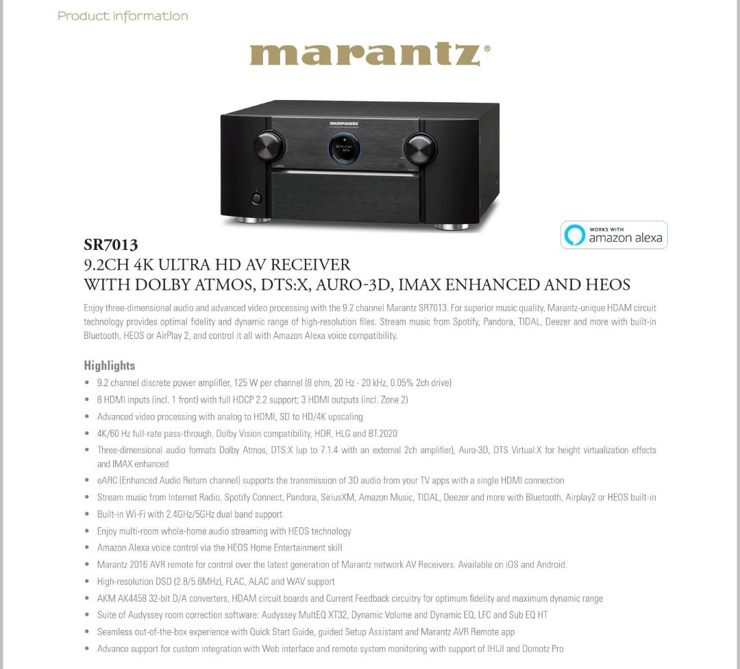 Marantz 7013 (SR7013) 9.2 Channel AV Receiver, Audio, Soundbars ...