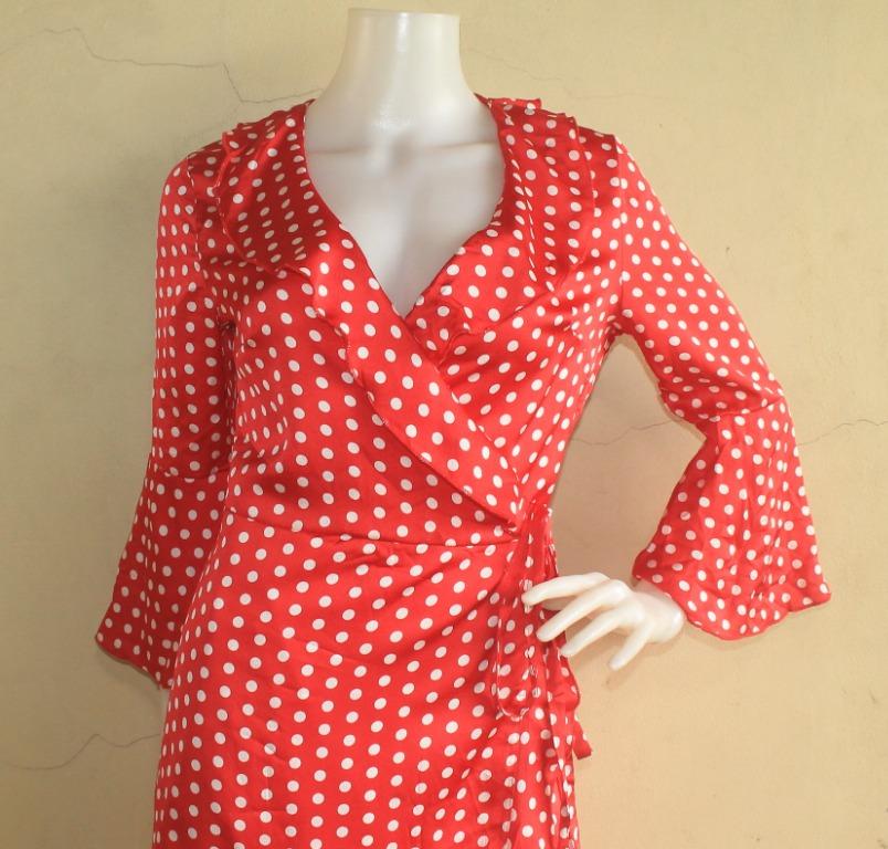Outrageous Fortune Red Polka Dots Ruffle Frill Satin Wrap Dress