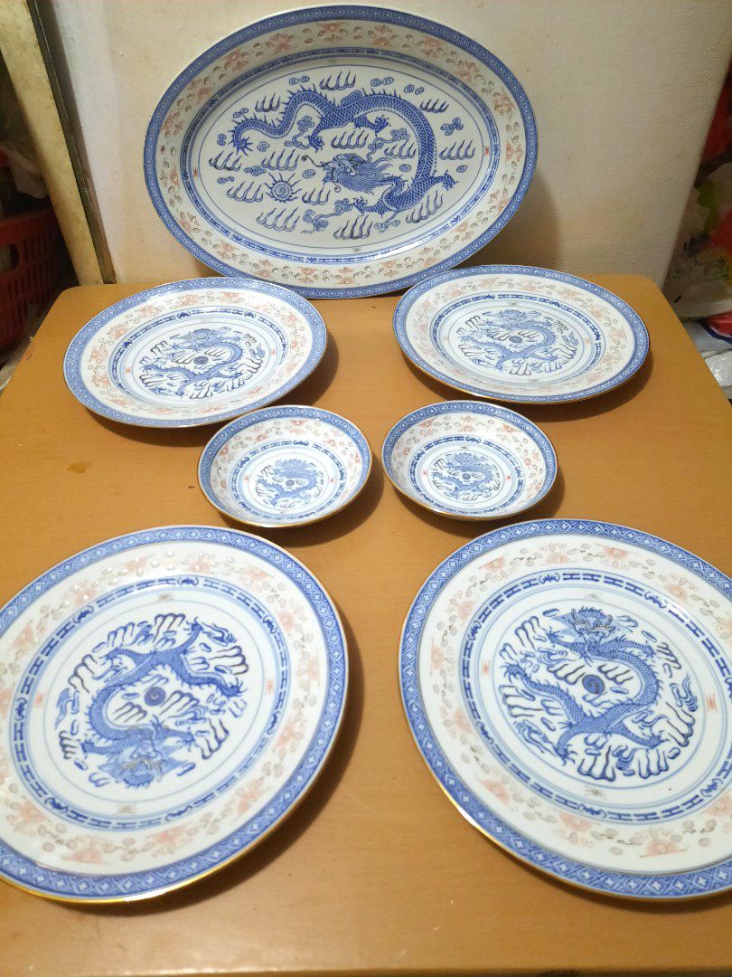 Chinese Fish Plate set dinnerware - gold trimmings, Furniture & Home ...