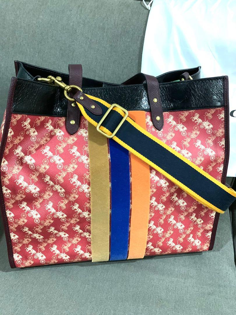 Coach - Field Tote with Horse and Carriage Print and Varsity stripe ...