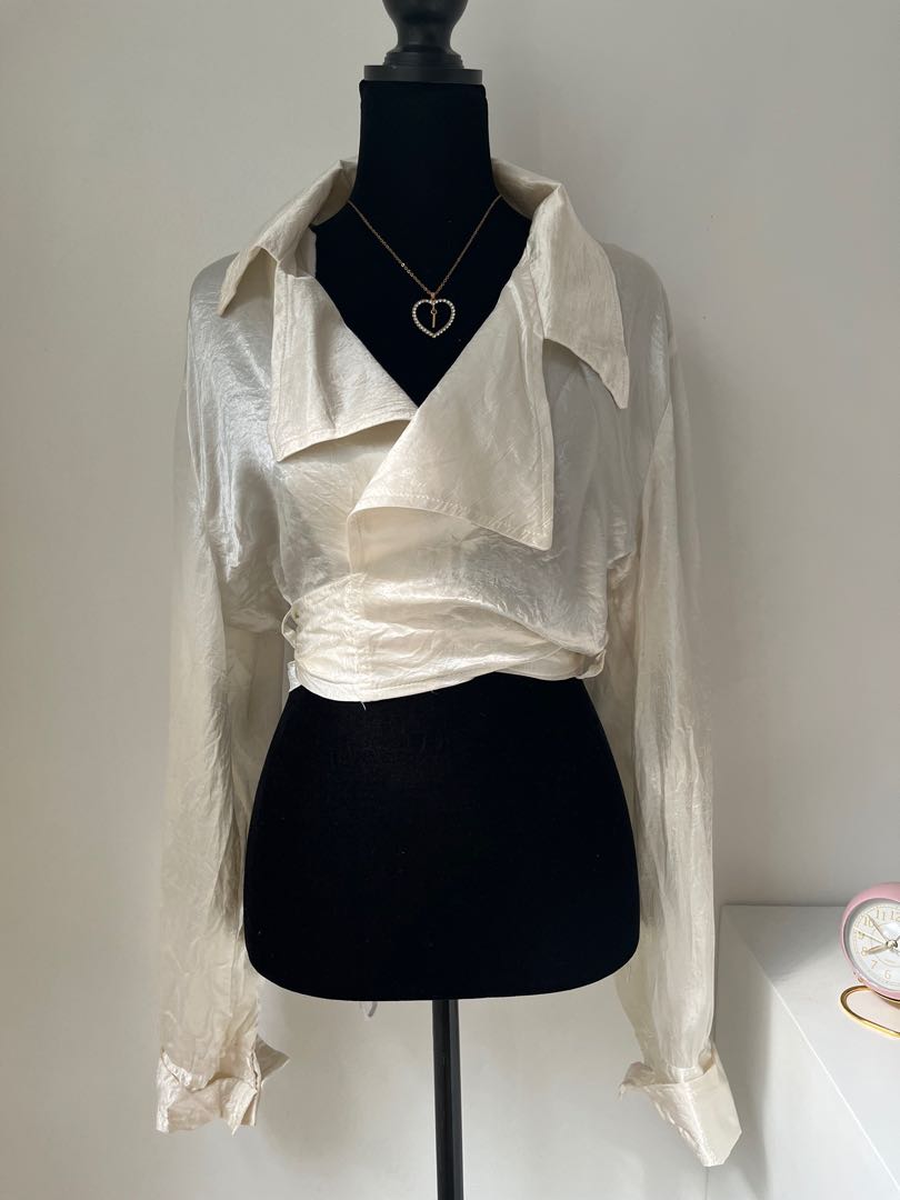Satin wrap-around top, Women's Fashion, Tops, Blouses on Carousell