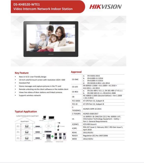Hikvision 10”inch Touch Screen Monitor Panel DS-KH8520-WTE1 Door Access ...