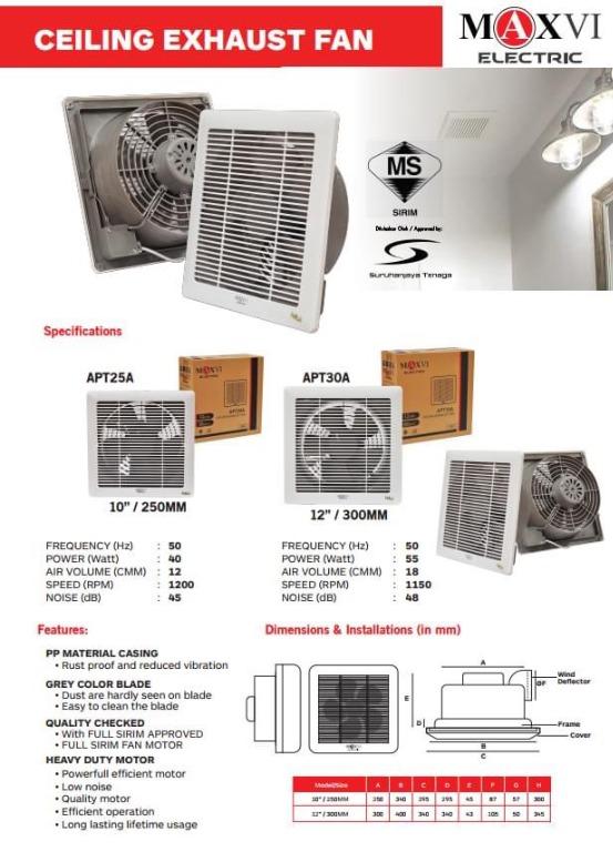 Maxvi SIRIM 10'' Ceiling Exhaust Ventilation Fan Ekzos, TV & Home ...
