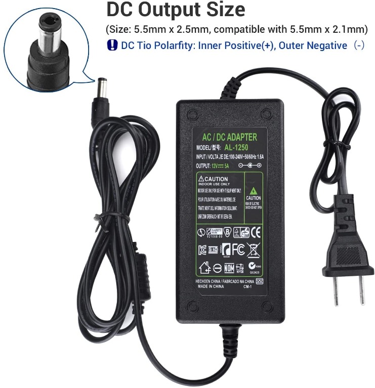 DC 12V 5A Power Supply Adapter 50/60HZ, US Plug, 6.2FT Power Cord, AC ...