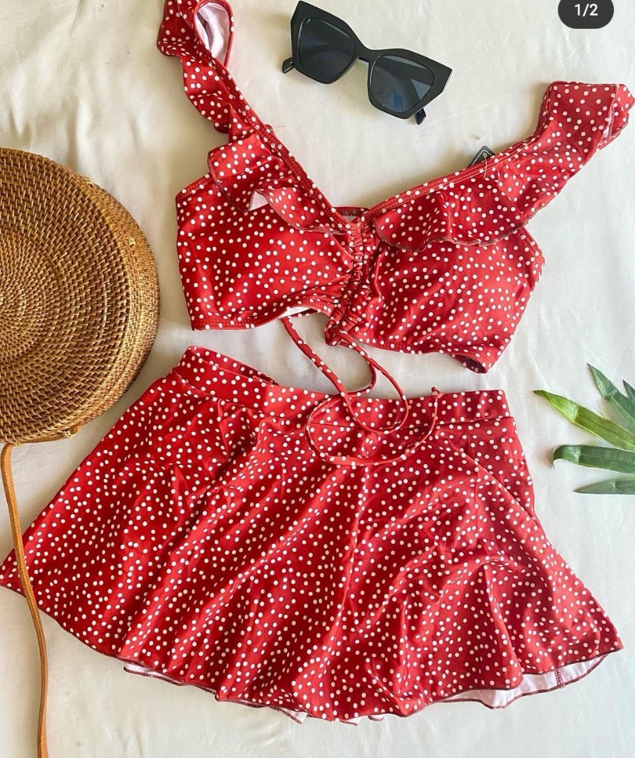 Ruffle Wrap Polkadot red Tankini, Women's Fashion, Swimwear, Bikinis ...