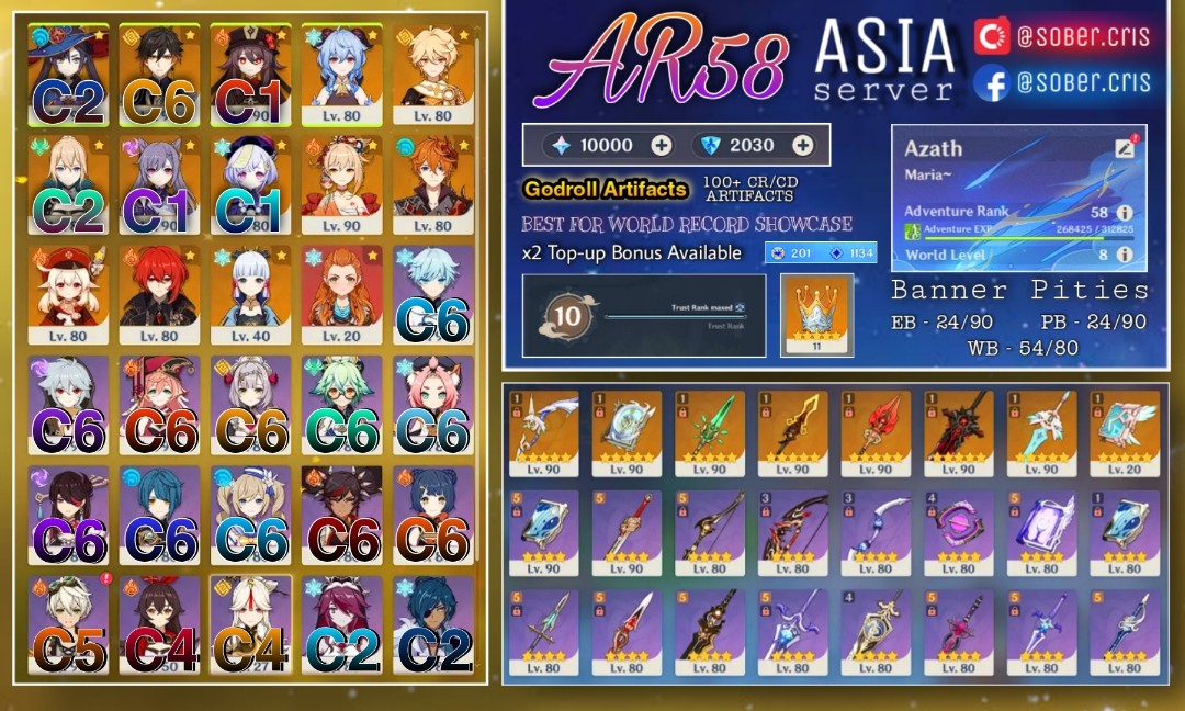 C6 ZHONGLI GENSHIN IMPACT AR58 ASIA SERVER - C6 ZHONGLI MAIN, C2 MONA ...