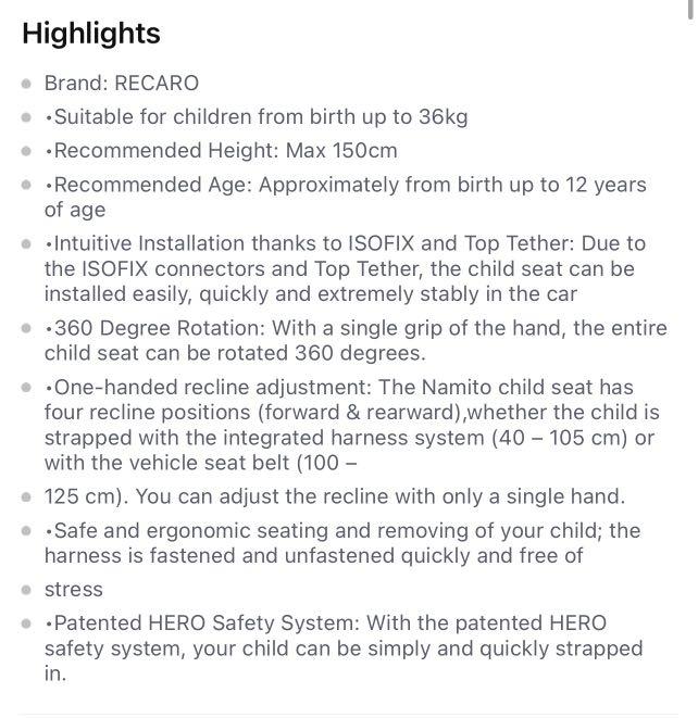 Recaro Namito car seat, Babies & Kids, Going Out, Car Seats on Carousell