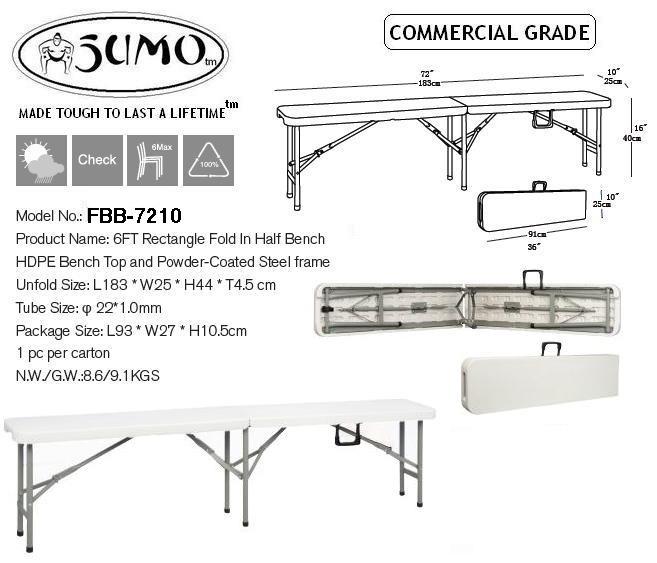 SUMO FBB-7210 6 Ft. Rectangular Folding Steel Bench, Foldable Chair ...