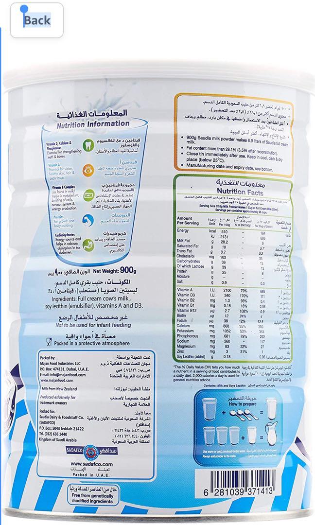 SAUDIA FULL CREAM MILK POWDER 900G [IMPORTED], Food & Drinks, Packaged ...