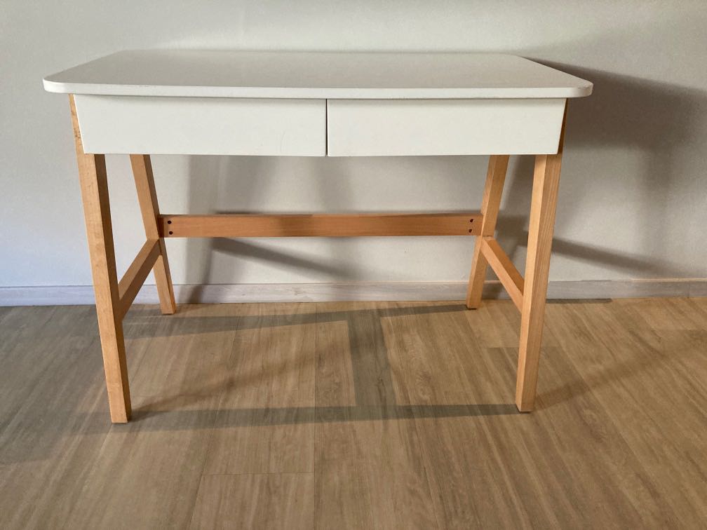 White study desk with drawers and wooden legs, Furniture & Home Living ...
