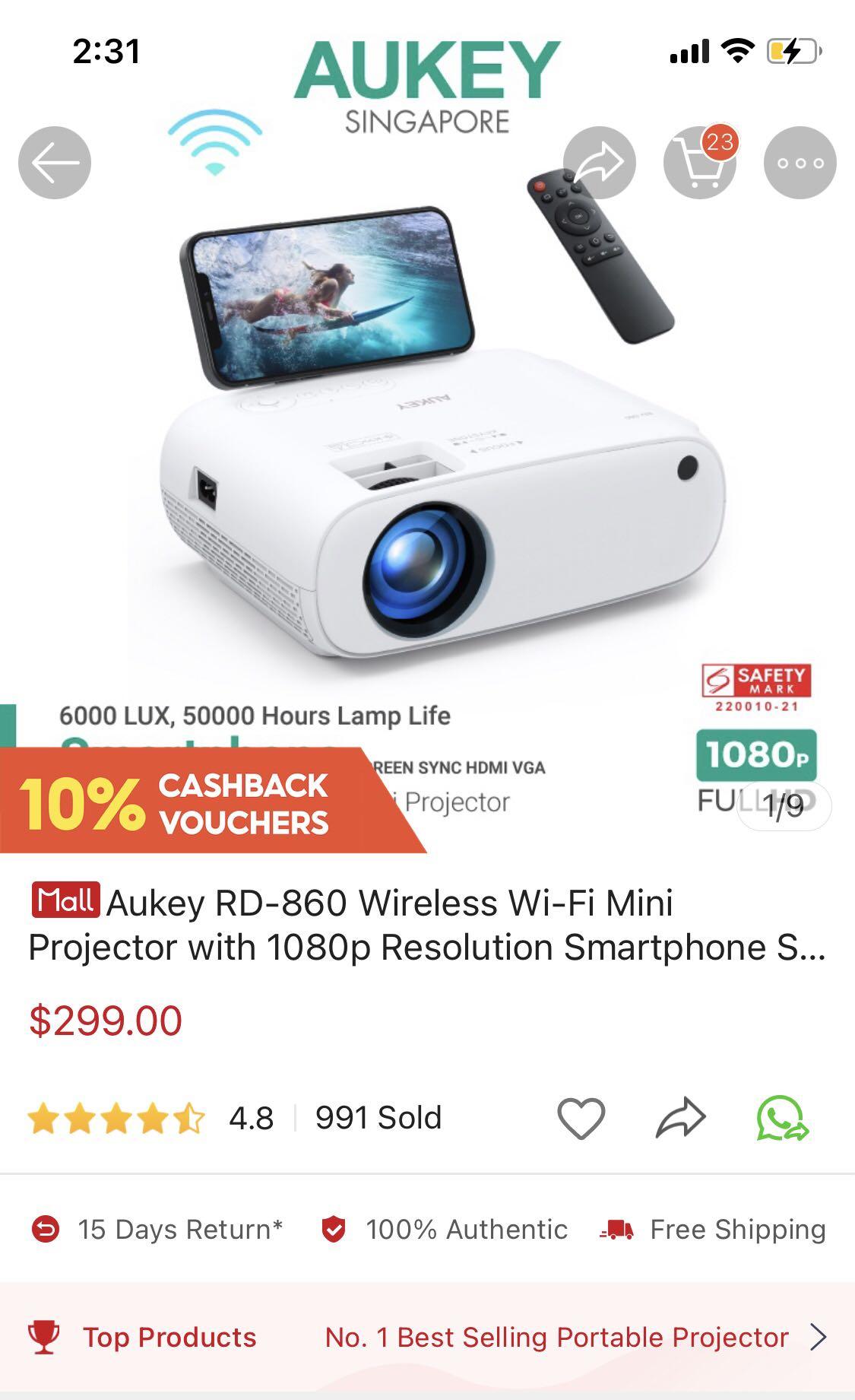Aukey RD-860 Wireless Wi-Fi Mini Projector with 1080p Resolution ...