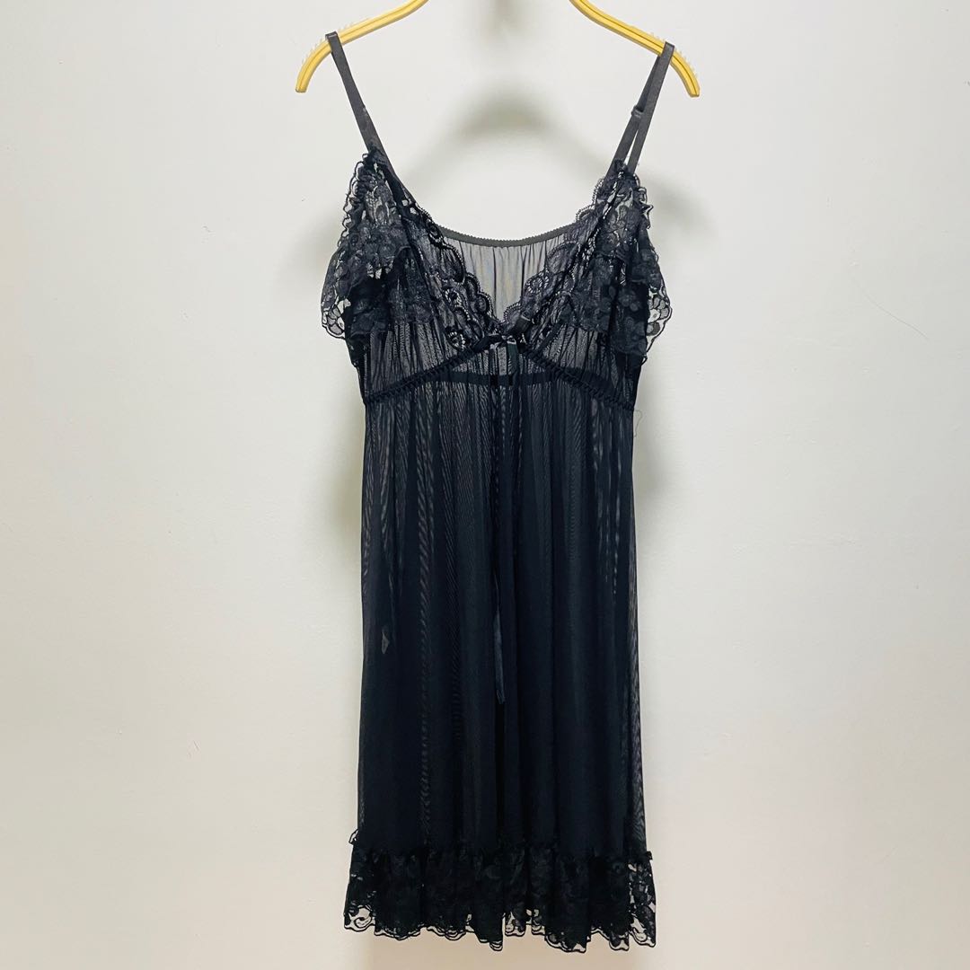 Brand New Black Soft Mesh Sheer night gown Translucent Lace Detailed ...