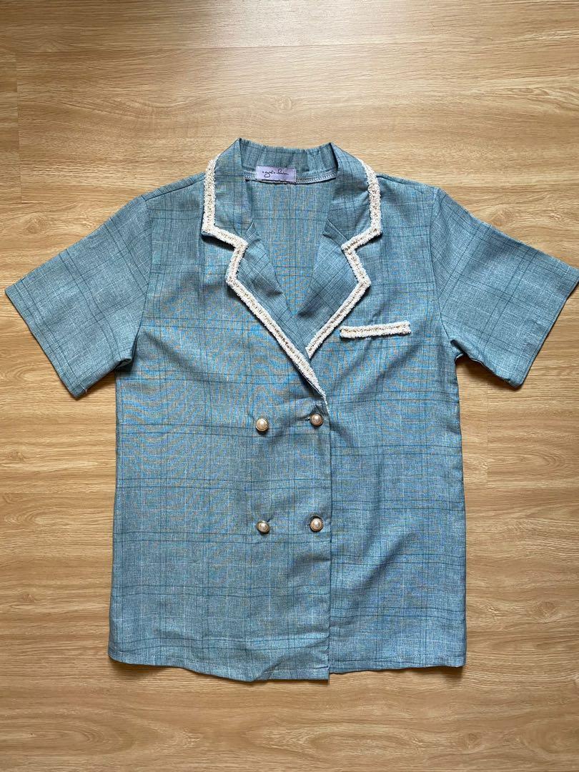 powder blue tweed top, Women's Fashion, Tops, Blouses on Carousell