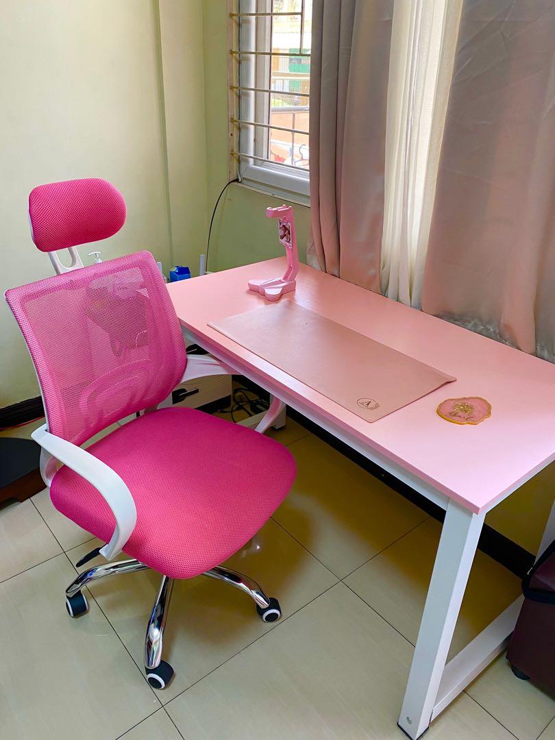 Pink office table and chair, Furniture & Home Living, Office Furniture ...
