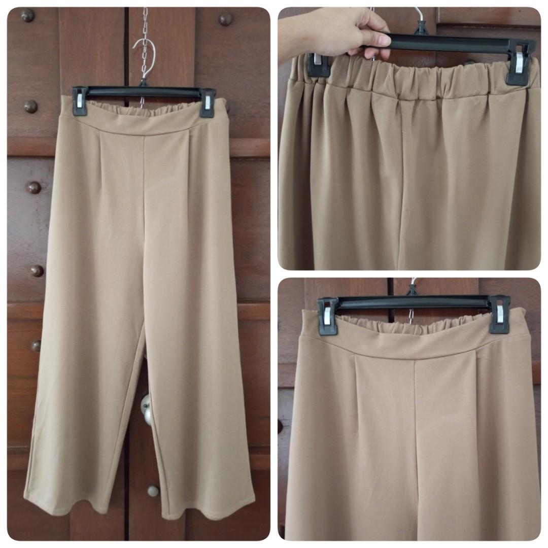 Garterized Brown Beige Square Pants Trousers, Women's Fashion, Bottoms ...