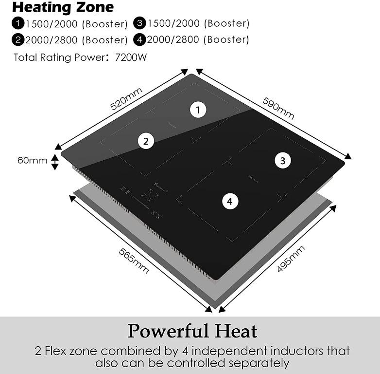 Induction Hob Flexi Zones, Electric Cooktop 60cm Built-in Hob with 4 ...