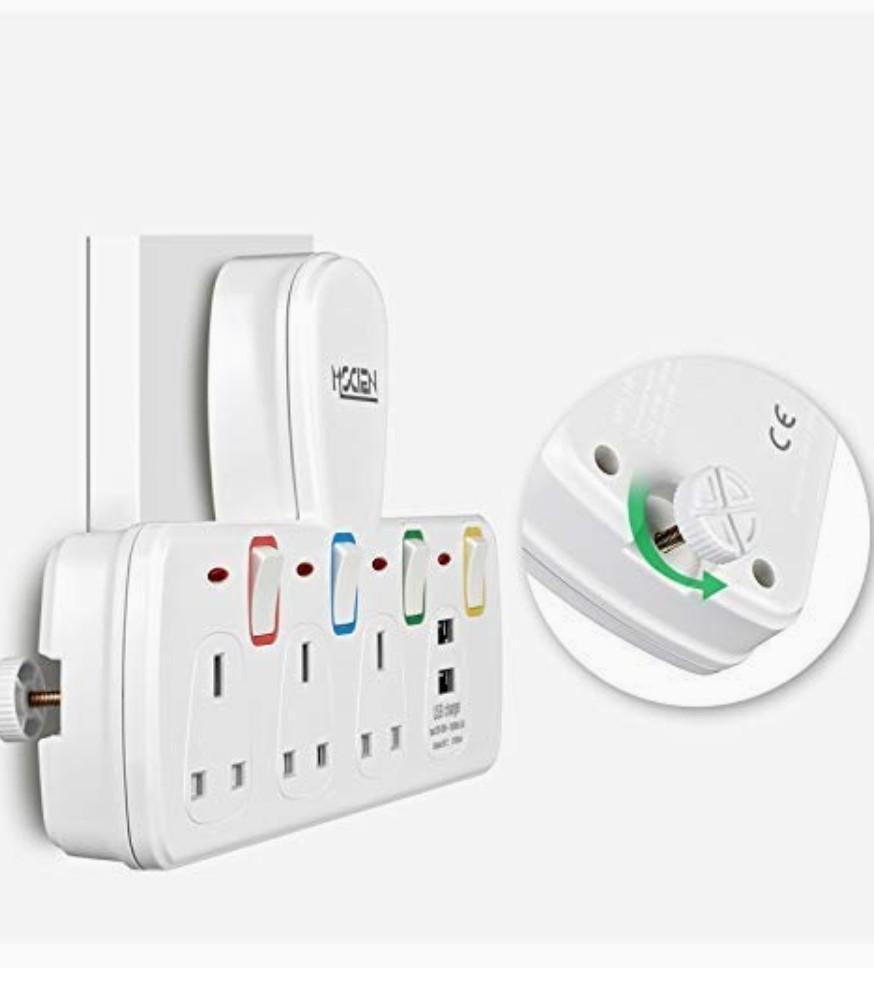 Mscien Multiplug Wall Socket Extension 3 Way 2 USB Plug Extension with ...