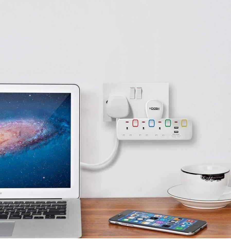 Mscien Multiplug Wall Socket Extension 3 Way 2 USB Plug Extension with ...