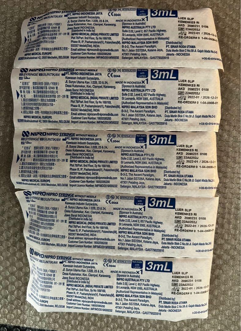 Nipro 3ml Luer Slip Syringe w/o needle 100 pieces, Health & Nutrition, Medical Supplies & Tools ...