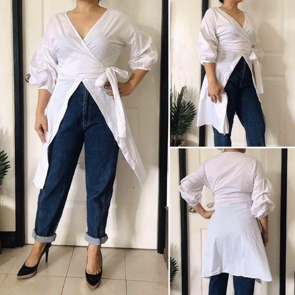 SALE! WRAP AROUND WHITE LONG TOP, Women's Fashion, Tops, Blouses on ...