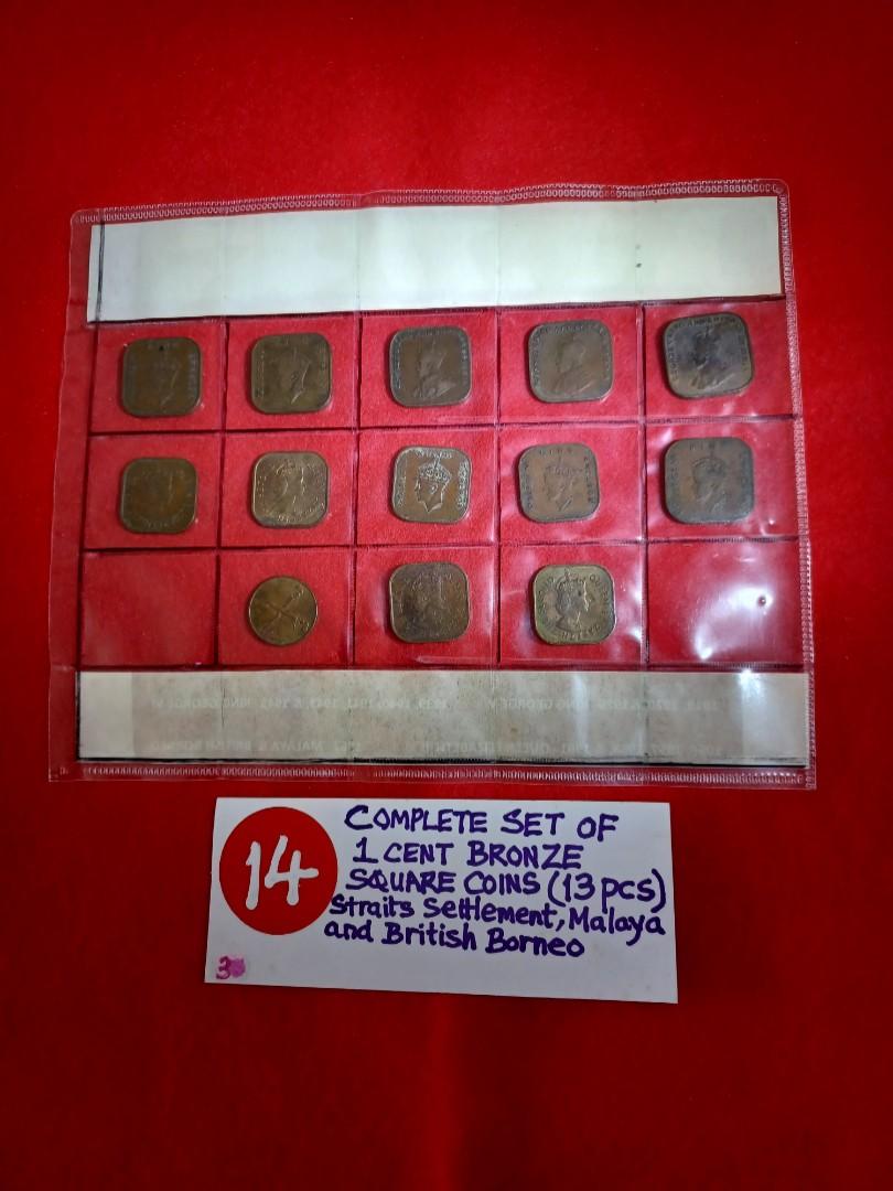 COMPLETE SET OF 1 CENT BRONZE SQUARE COINS (13 PIECES). Straits ...