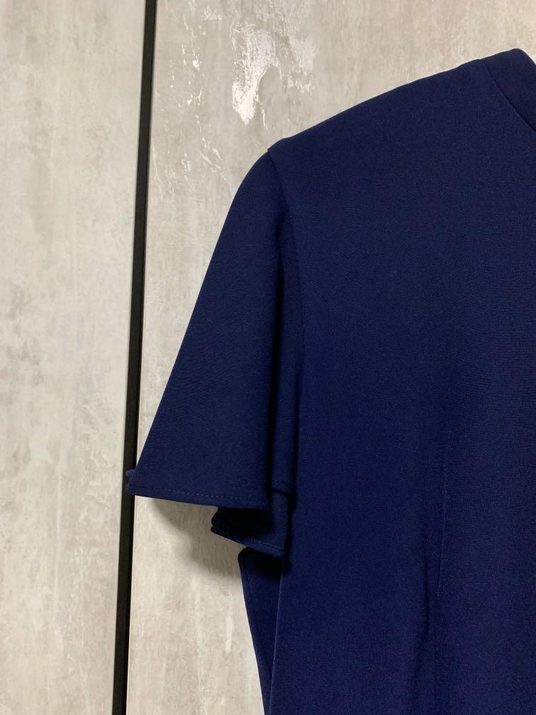 Navy Blue Work Dress Mandarin Collar Love and Bravery, Women's Fashion ...