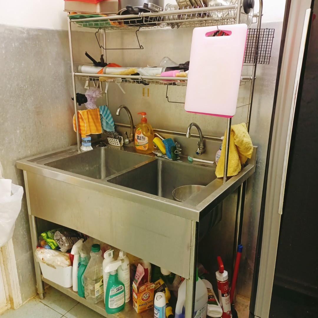 Stainless steel kitchen sink + dish rack, Furniture & Home Living ...